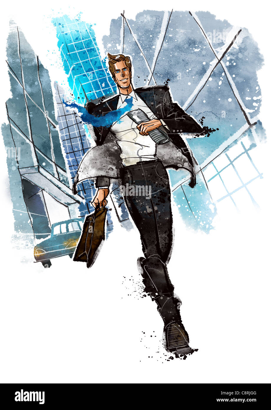 Illustration of businessman late for work Stock Photo - Alamy