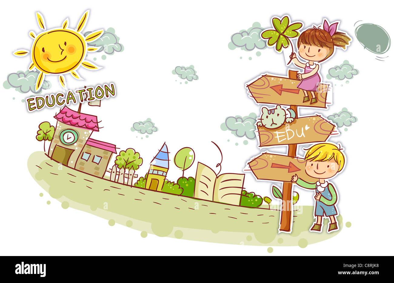 Illustration of children, sign board and buildings Stock Photo - Alamy