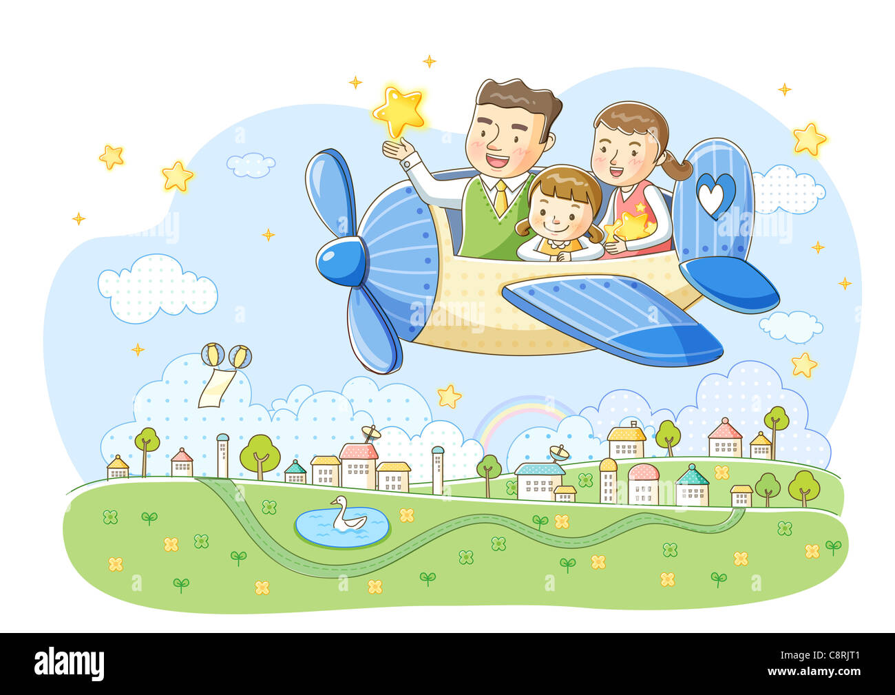 Illustration of family sitting in the airplane Stock Photo - Alamy