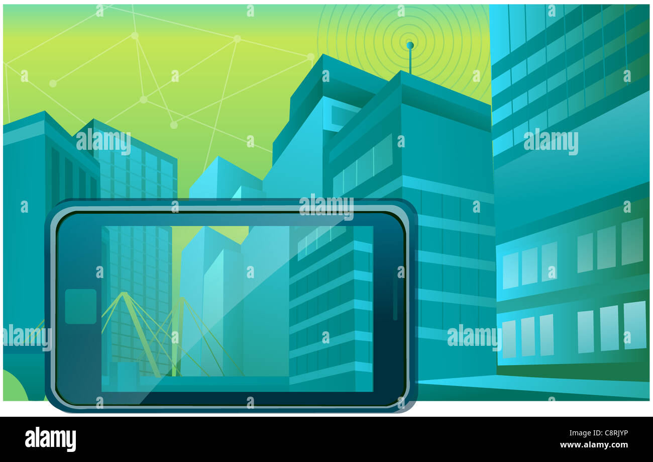 Illustration of mobile phone with buildings in background Stock Photo ...