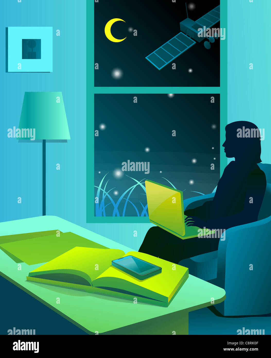 Illustration of woman working on laptop in the night Stock Photo - Alamy