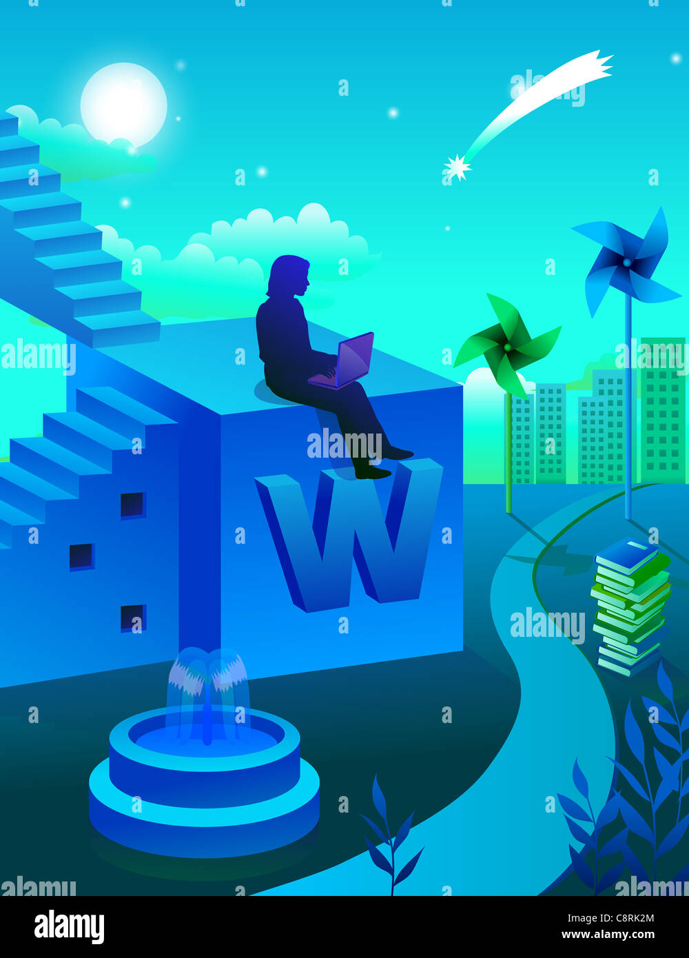 Illustration of woman using laptop and letter w Stock Photo - Alamy