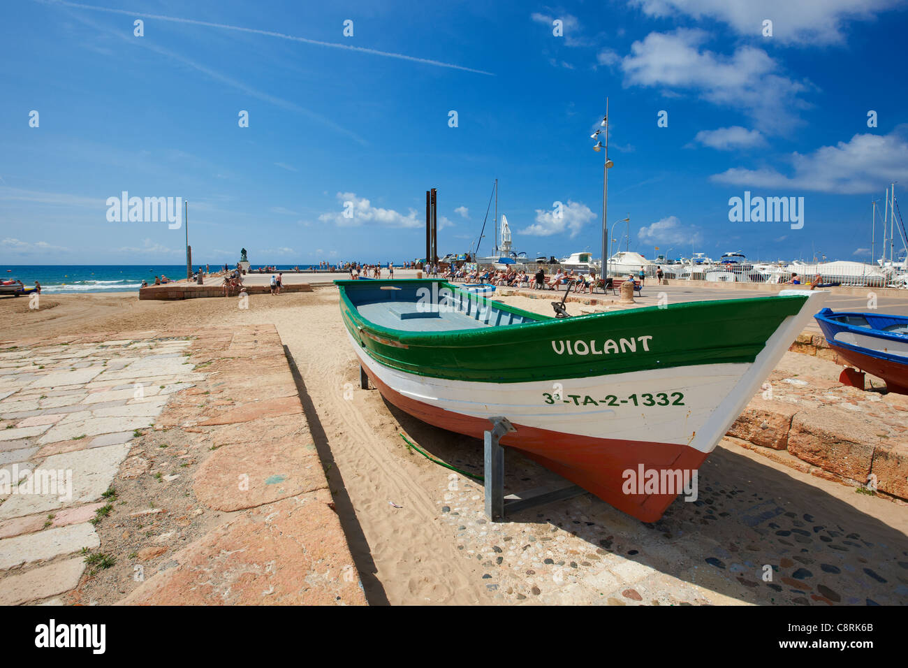 A wooden boat on the Llevant beach in Salou, Catalonia, Spain Stock ...