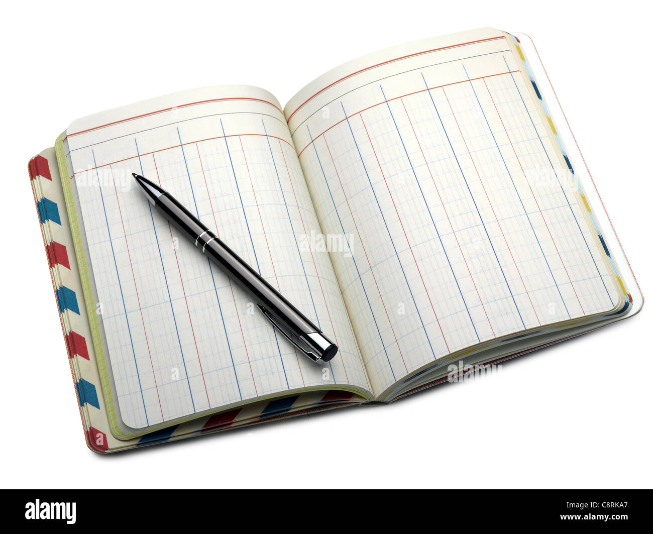Open note book with lined pages and ballpoint pen Stock Photo - Alamy