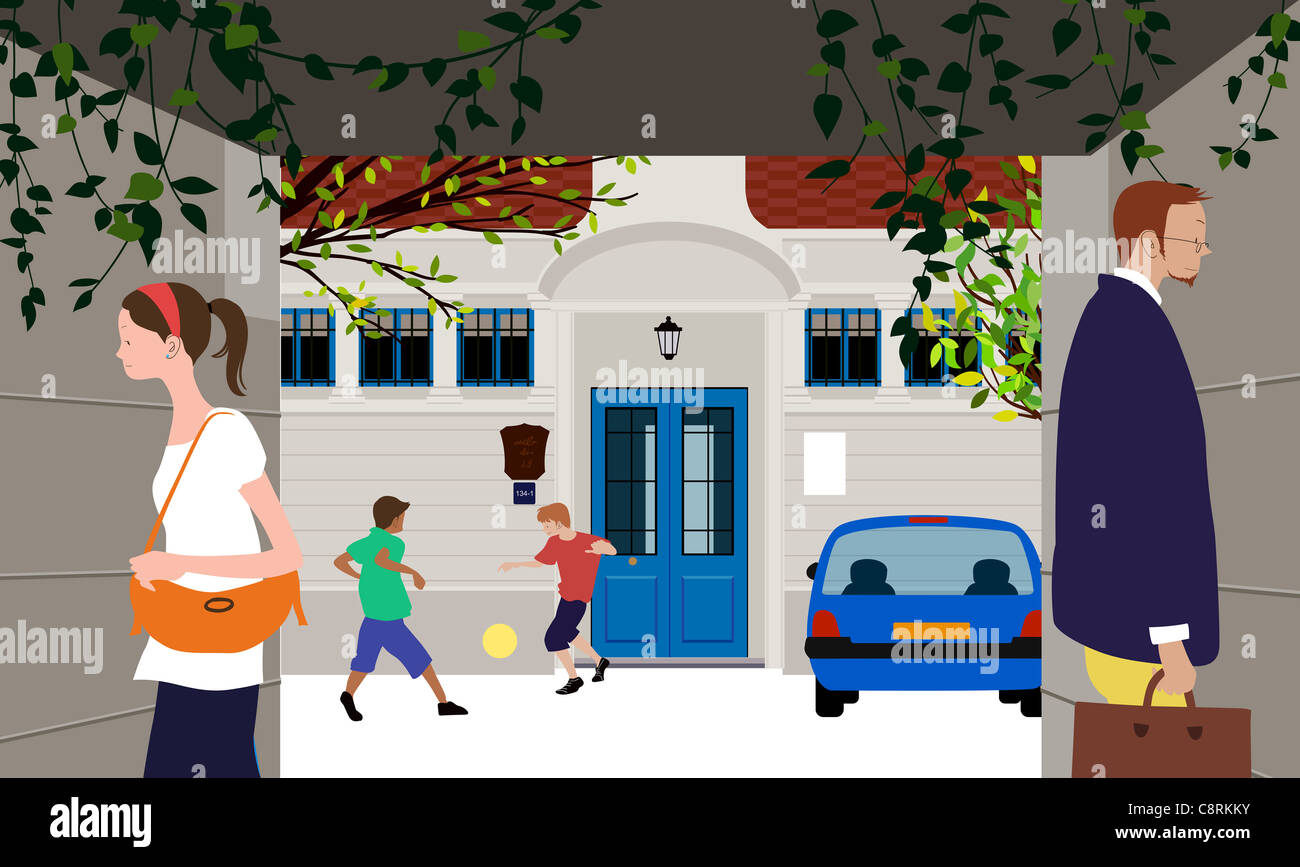 Children Playing And Exterior Of House Stock Photo - Alamy