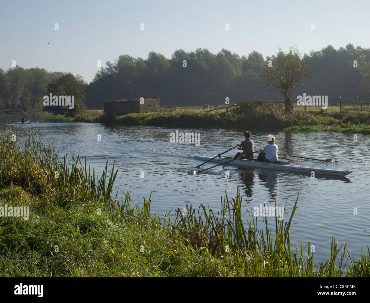 Two people rowing in a canoe early in the morning, on the River Stour ...
