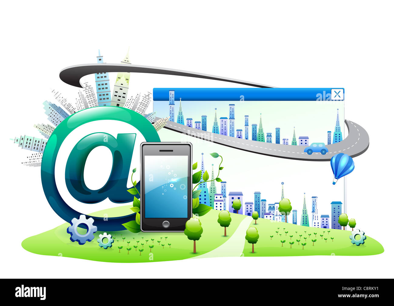 Global communications on mobile phone with building Stock Photo - Alamy