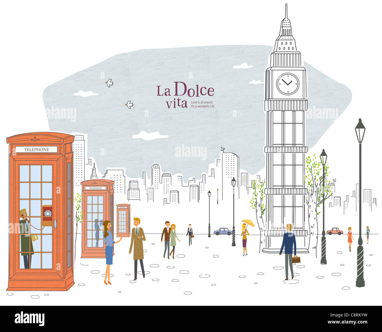 People At Telephone Booth And Clock Tower Stock Photo - Alamy