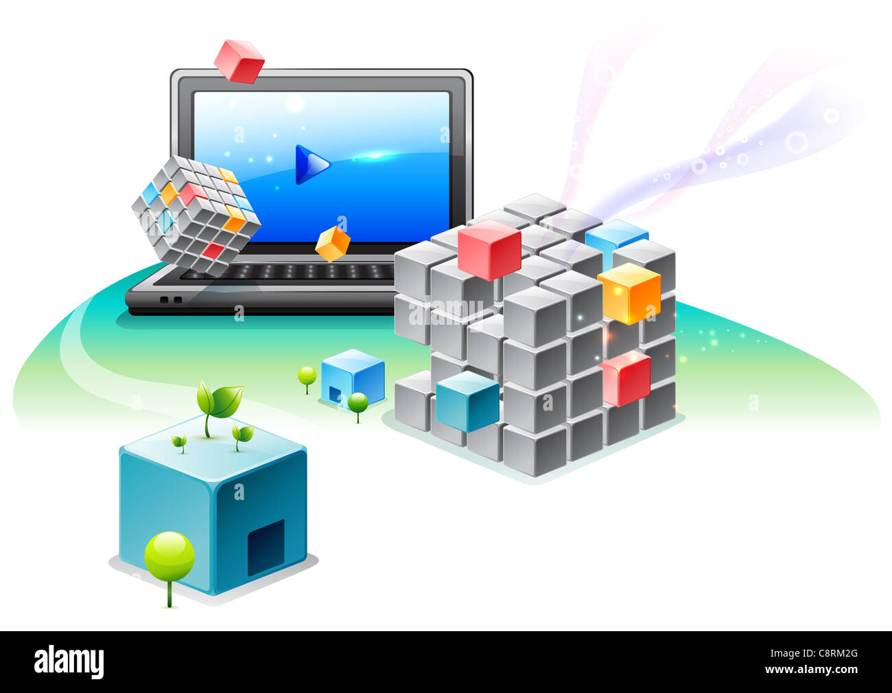 Illustration of laptop with cubes Stock Photo - Alamy