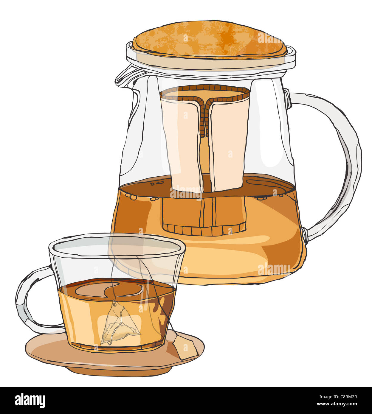 Tea Pot And Tea Cup With Tea Bag Stock Photo - Alamy