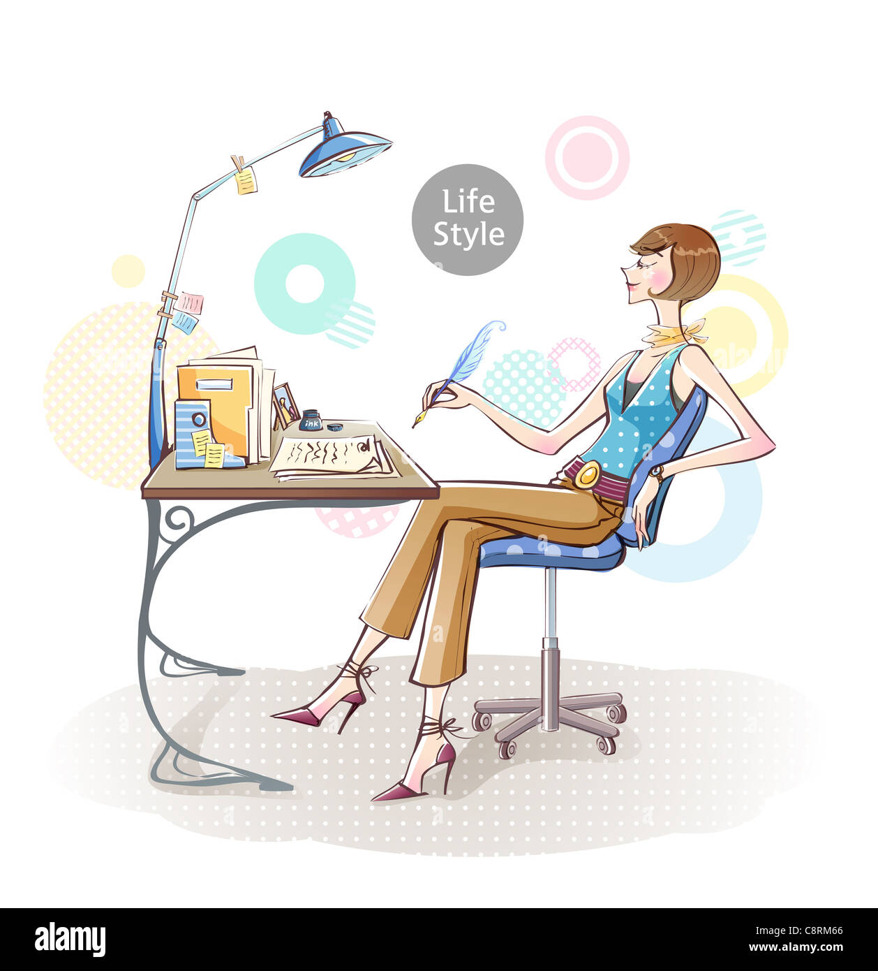 Illustration of woman sitting on chair and writing letter Stock Photo ...