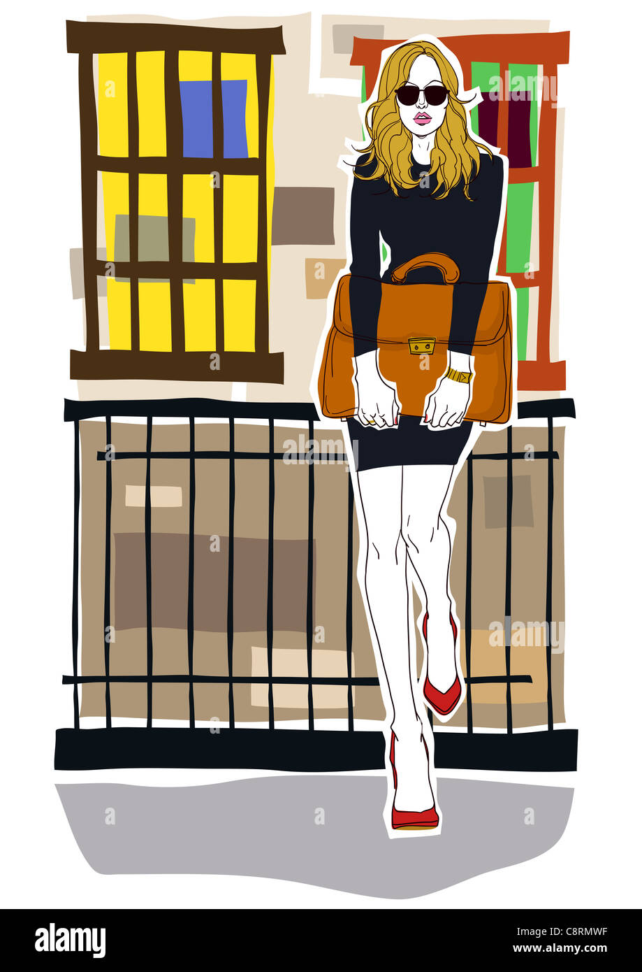 Woman leaning on railing Stock Photo - Alamy