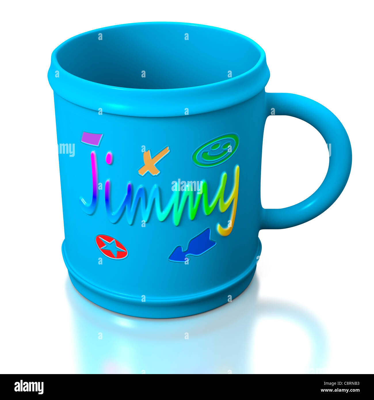 Personalized decorated blue plastic mug for kids on white background ...