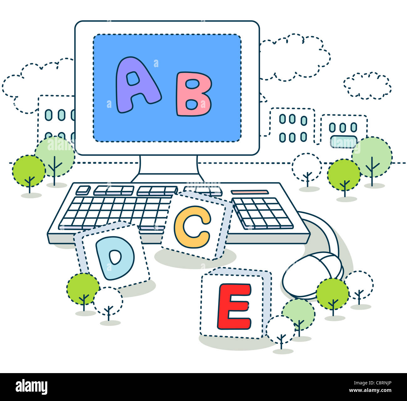 Illustration of letter on computer with buildings in background Stock ...