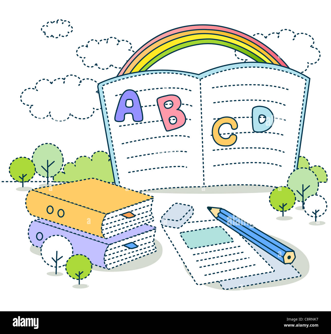 School book with rainbow in the background Stock Photo - Alamy