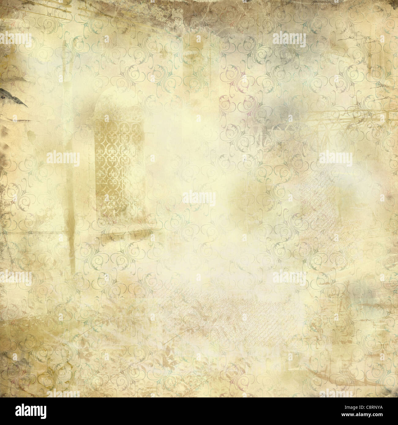 Grunge vintage texture with stylized floral pattern and faded images in ...