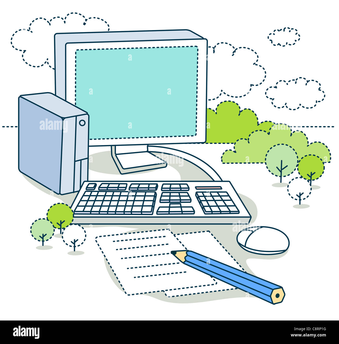 Computer with pencil and paper Stock Photo - Alamy