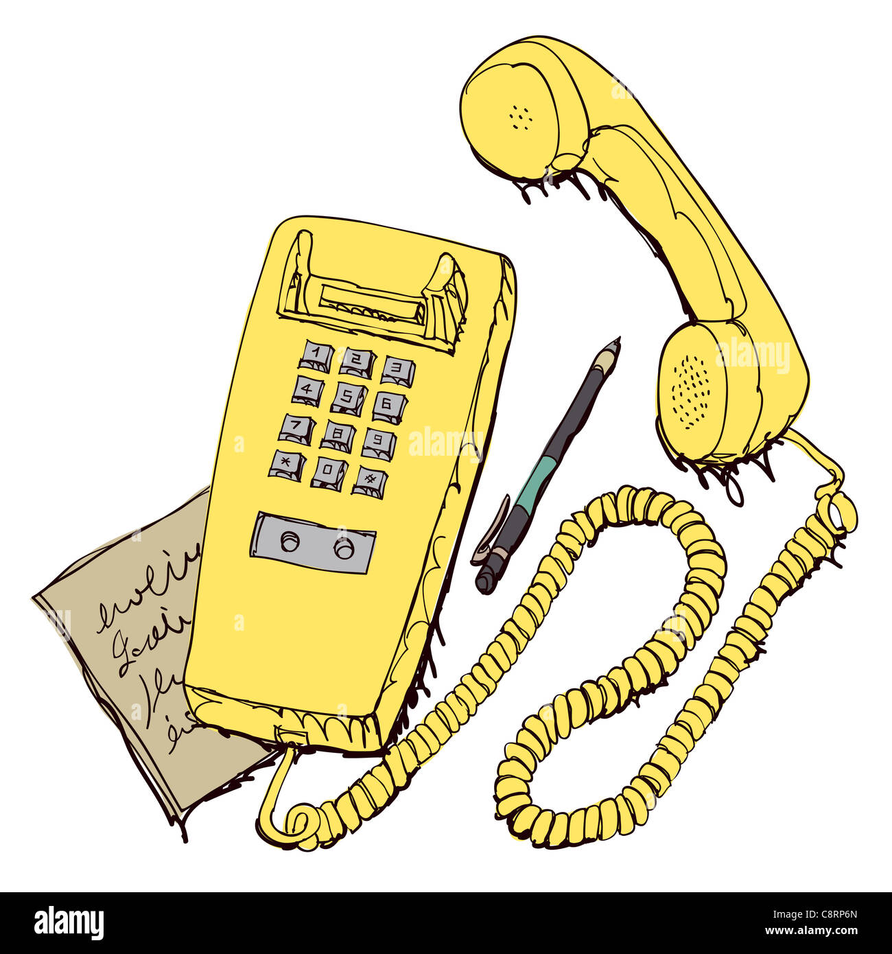 Retro Telephone With Pen And Note Stock Photo - Alamy