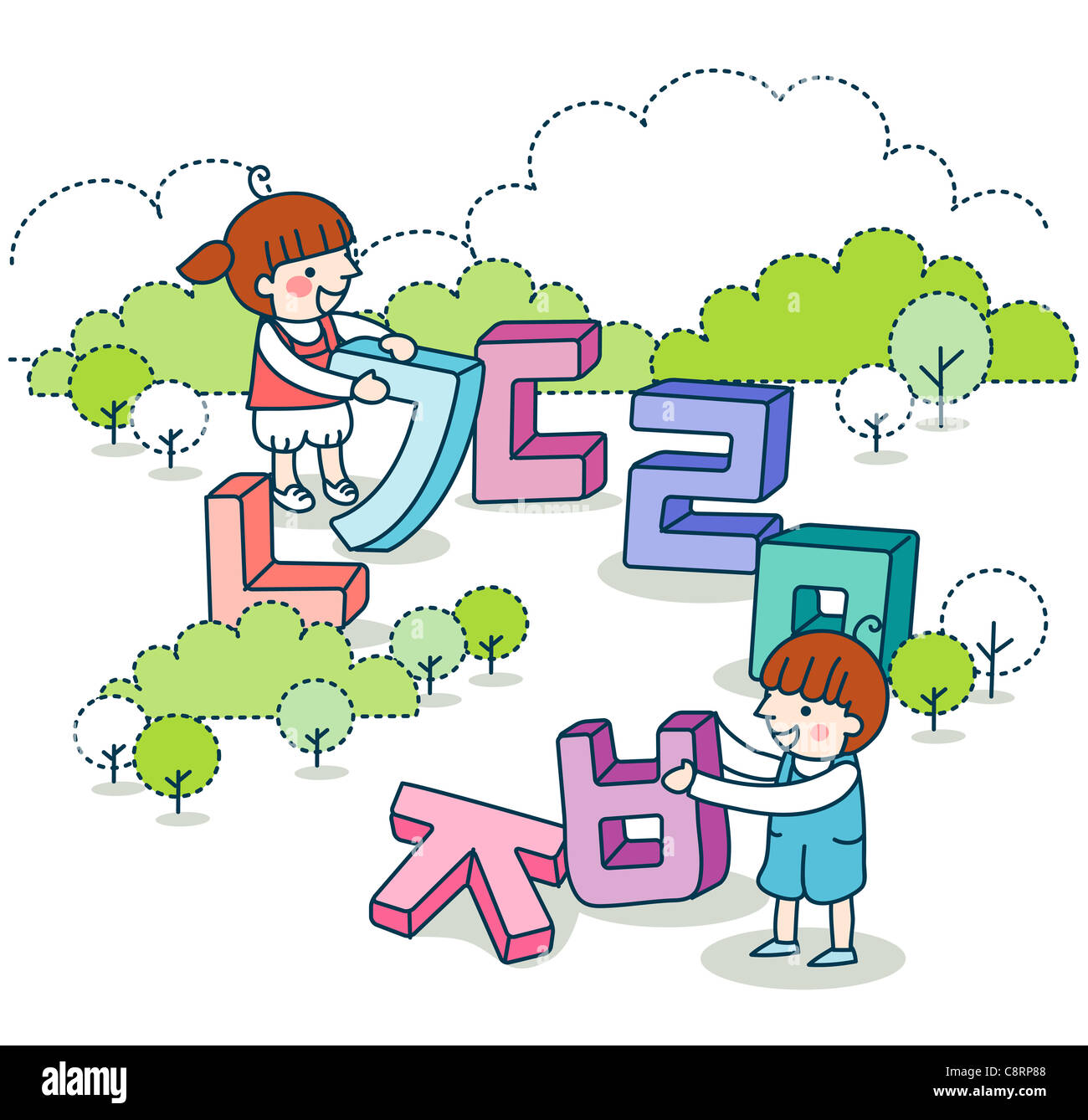 Illustration of girls playing with numbers and alphabets Stock Photo ...