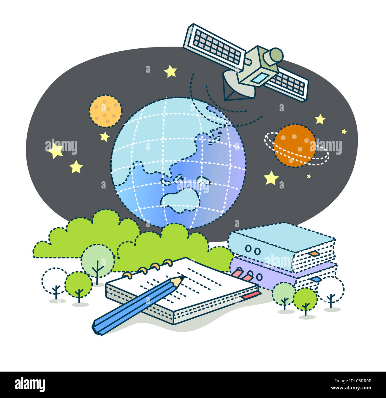 Illustration of satellite in orbit Stock Photo - Alamy