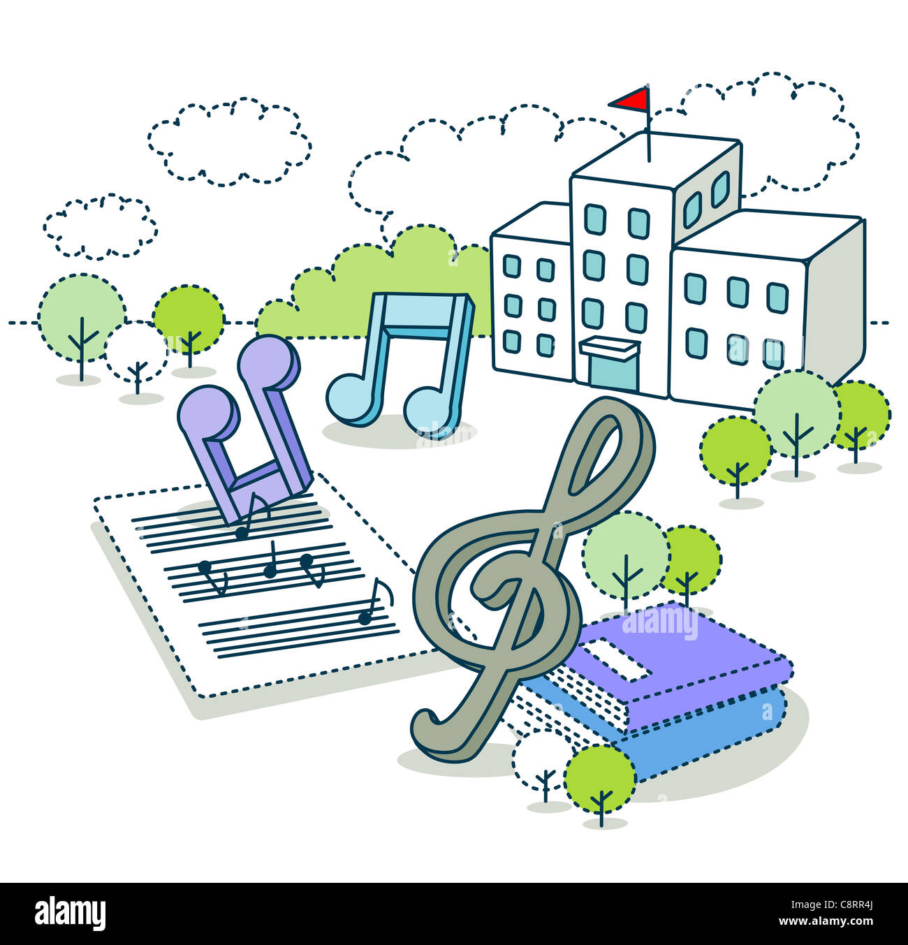 Illustration of music class with school in the background Stock Photo ...