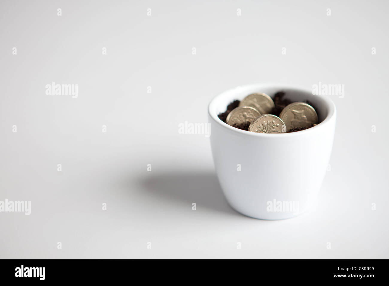A plant pot holding pound coins, to give a conceptual message about ...