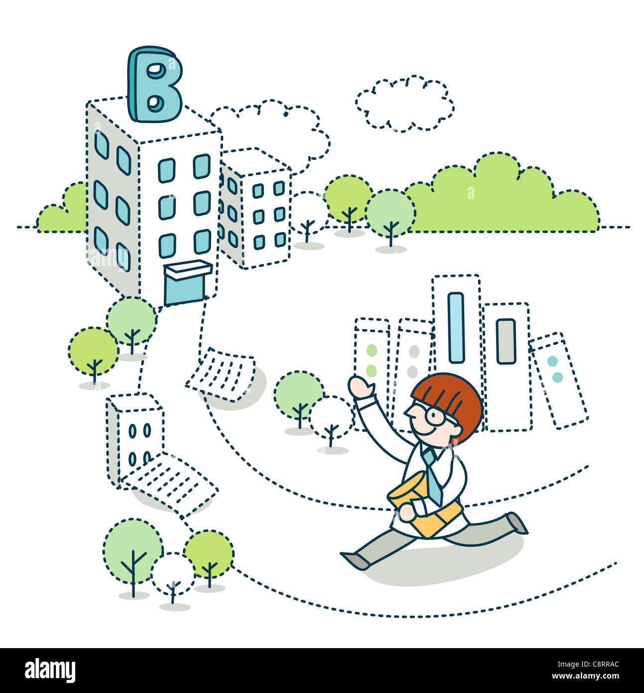 Businessman running towards office building Stock Photo - Alamy