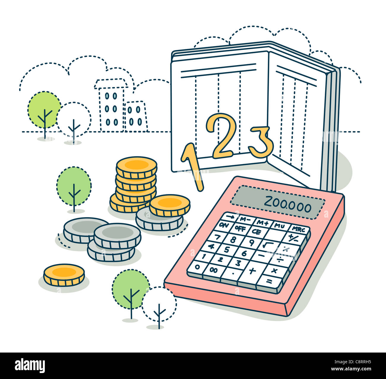 Calculation with coins and book Stock Photo - Alamy