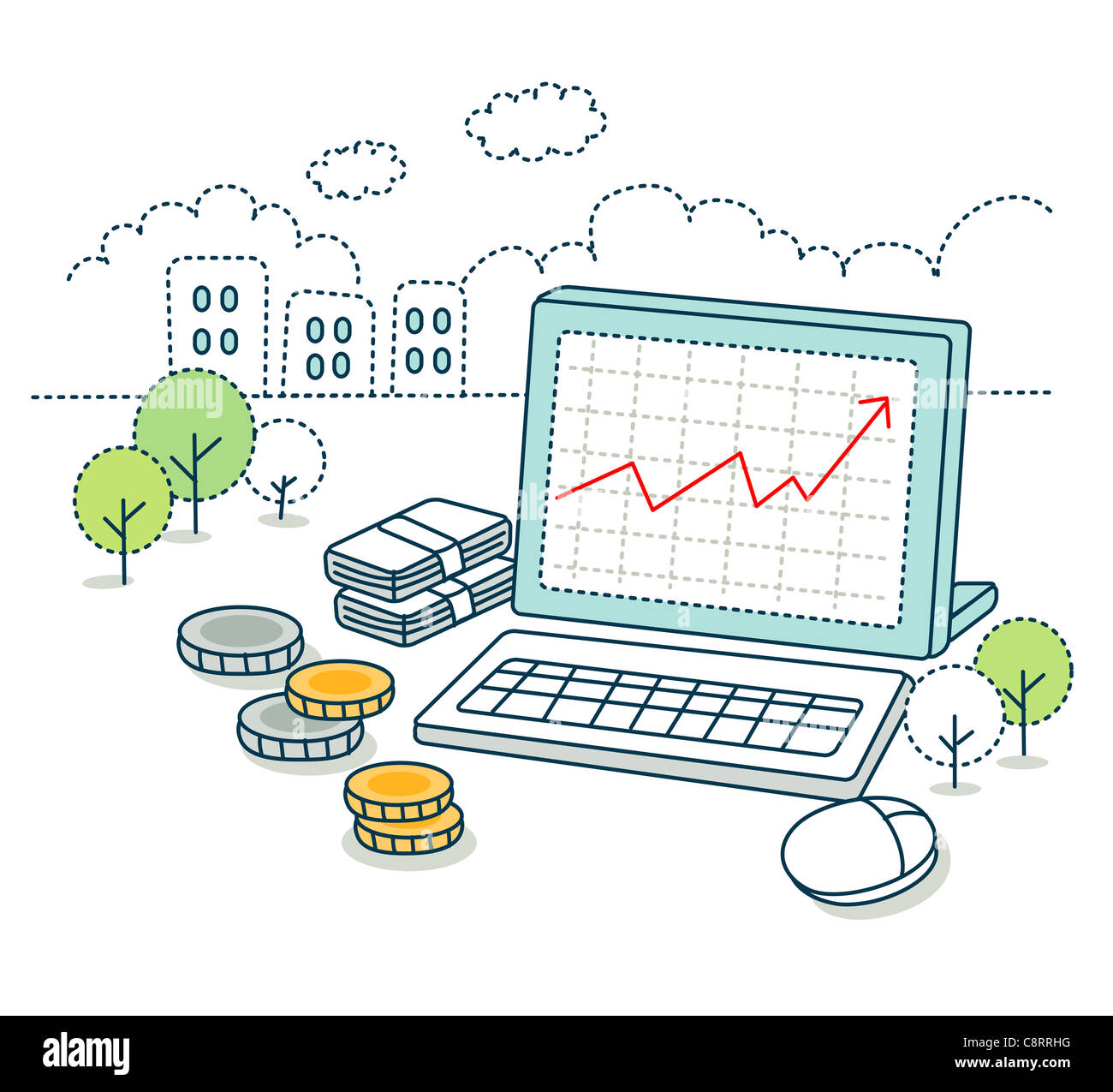 Computer device with currency note and coins Stock Photo - Alamy