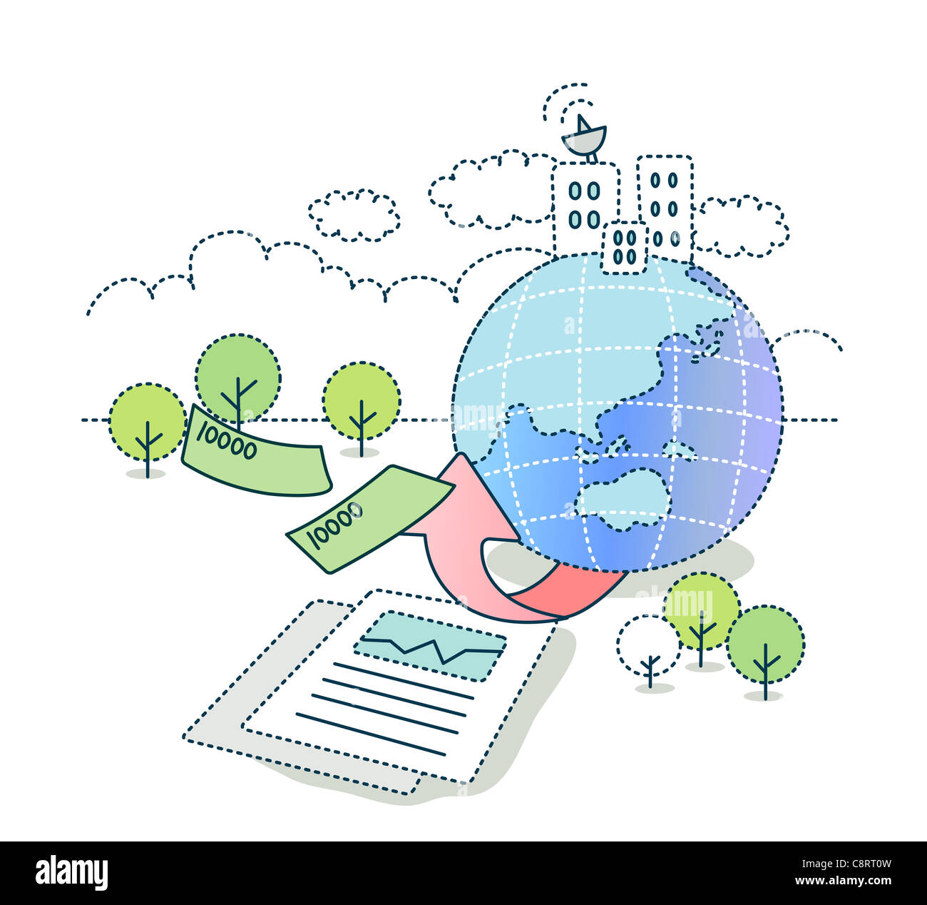 Illustration of building on the globe Stock Photo - Alamy