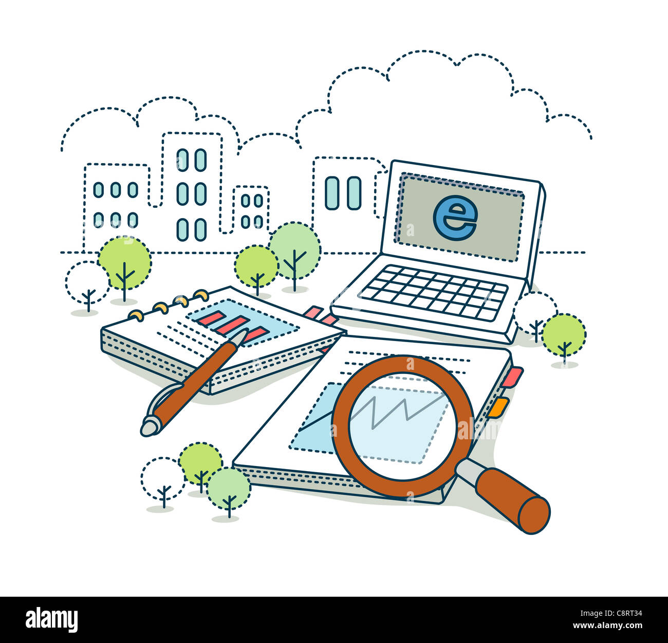 Illustration of magnifier on growth rate with laptop Stock Photo - Alamy