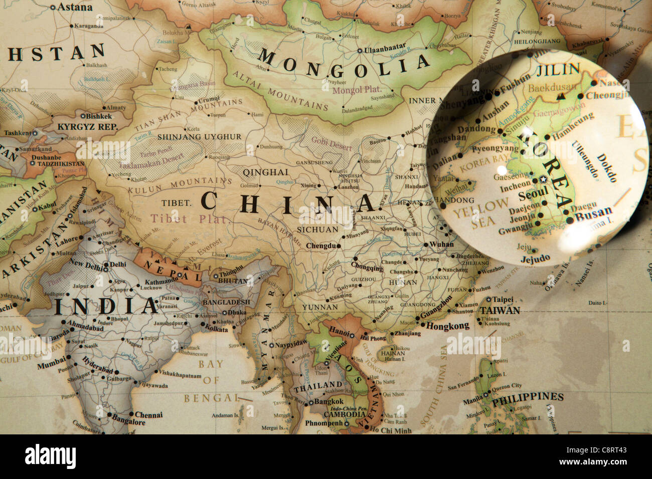 Close-up of Asian continent world map with crystal ball Stock Photo - Alamy