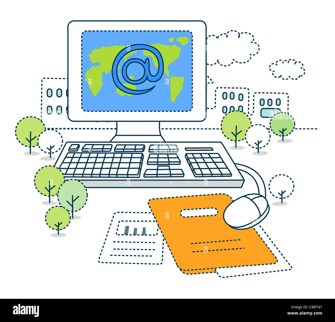 Illustration of computer desktop with buildings in background Stock ...