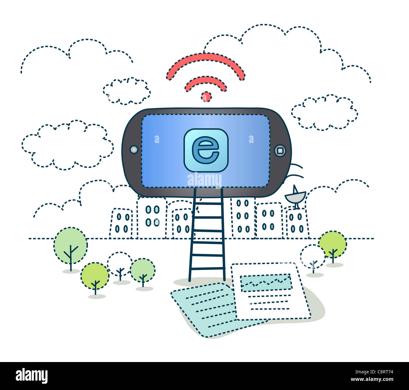 Illustration of mobile phone connected with wireless technology Stock ...