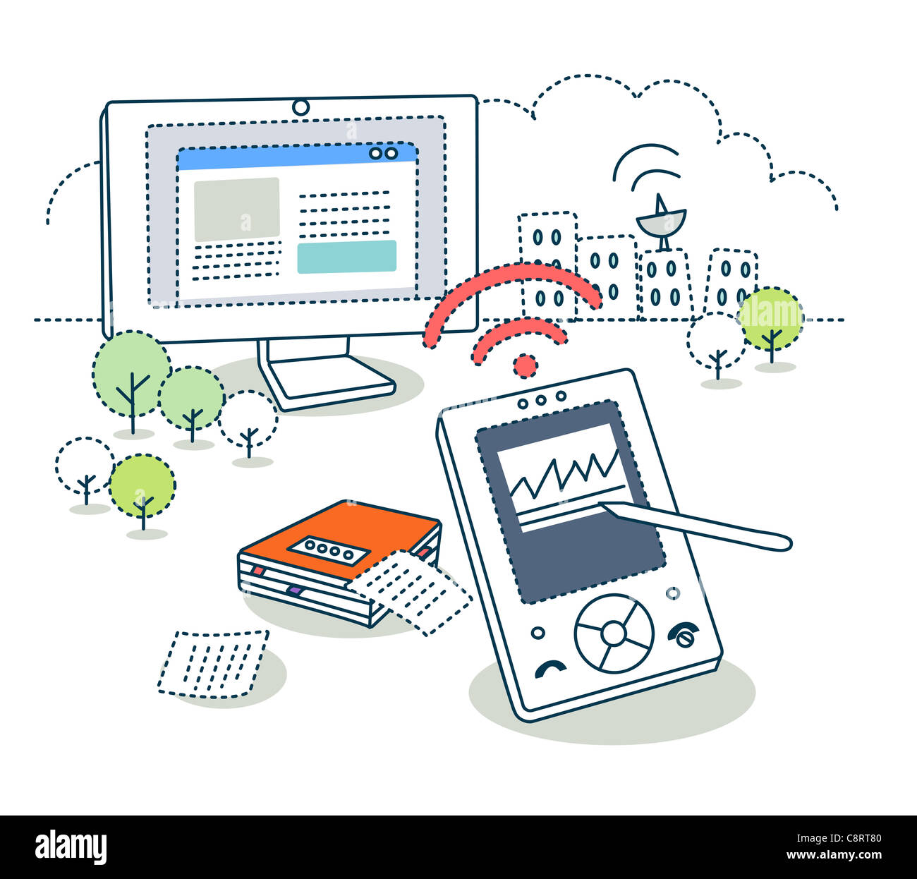 Illustration of mobile phone connected through wireless technology ...
