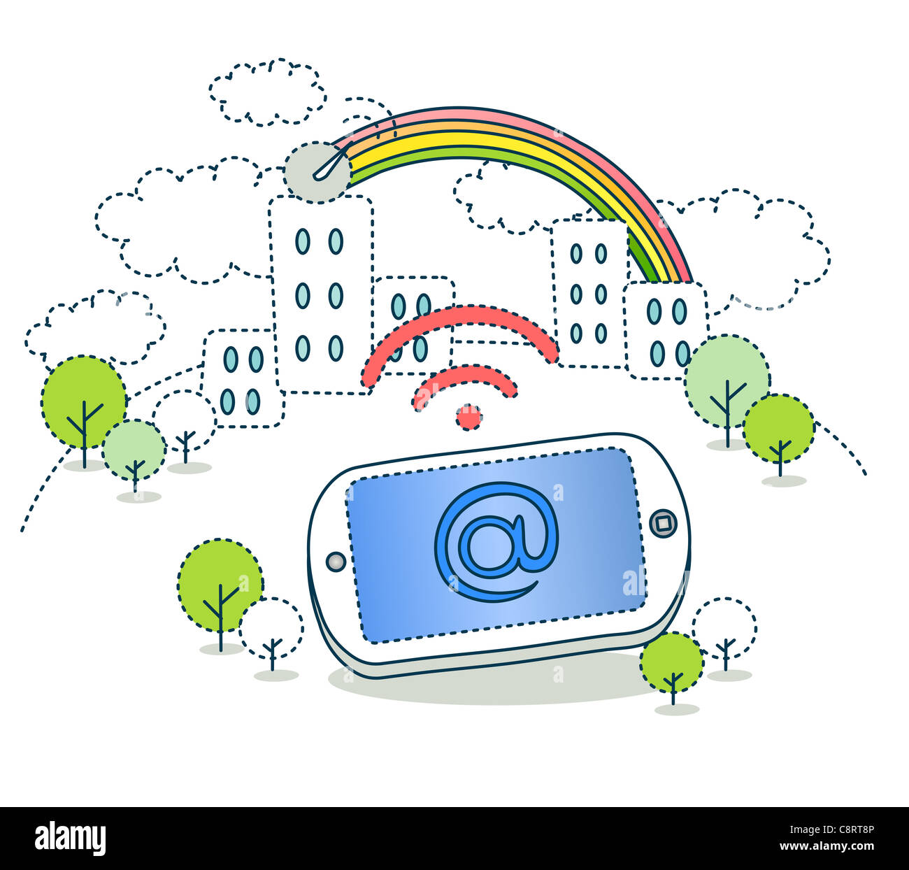 Illustration of mobile phone connected through wireless technology ...