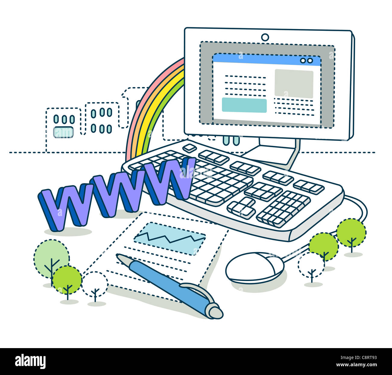 Illustration of desktop computer with rainbow in background Stock Photo ...