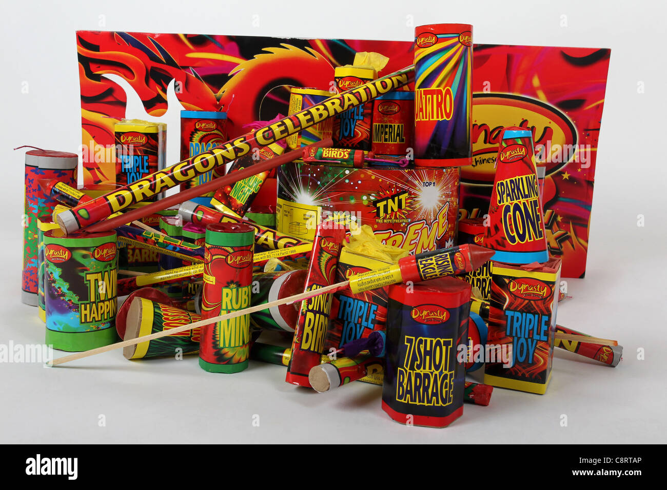 A selection of fireworks pictured in a studio in Hove, East Sussex, UK ...