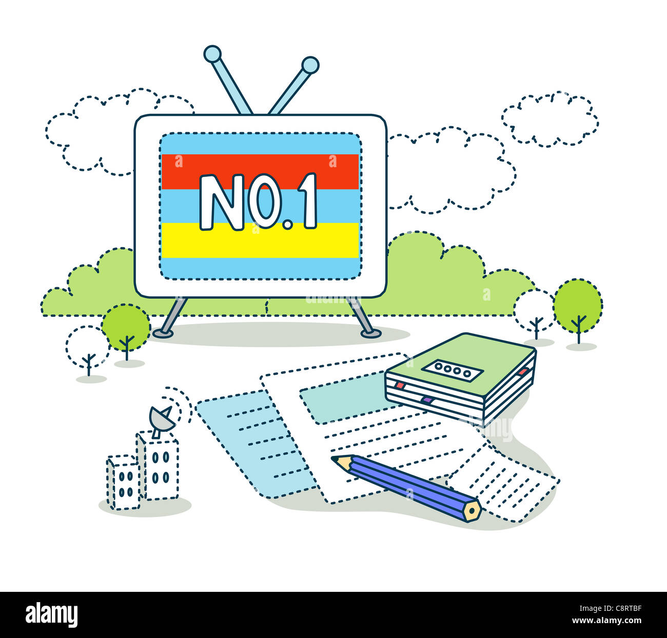 Book and paper with television set in the background Stock Photo - Alamy