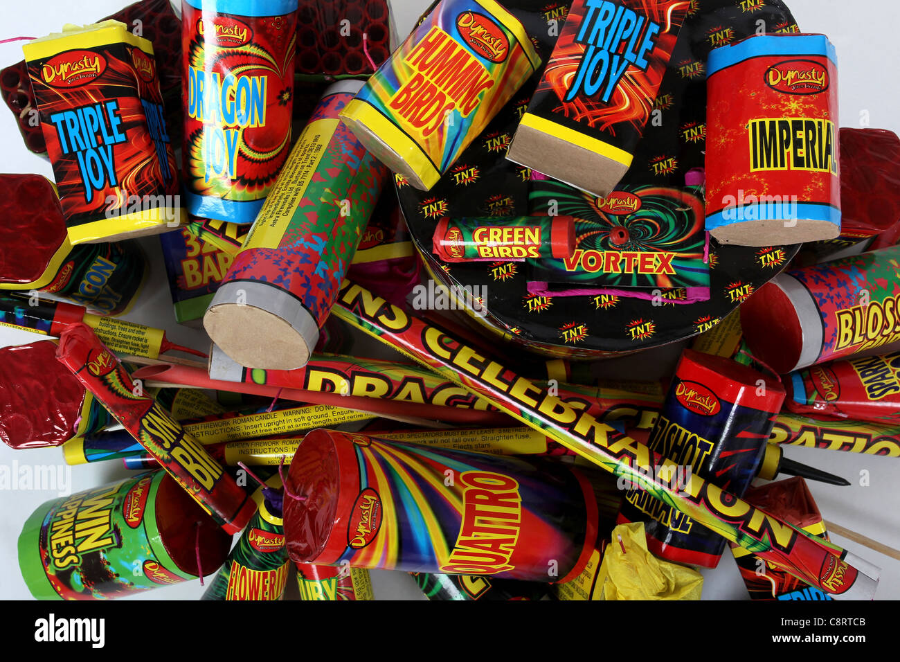 A selection of fireworks pictured in a studio in Hove, East Sussex, UK ...