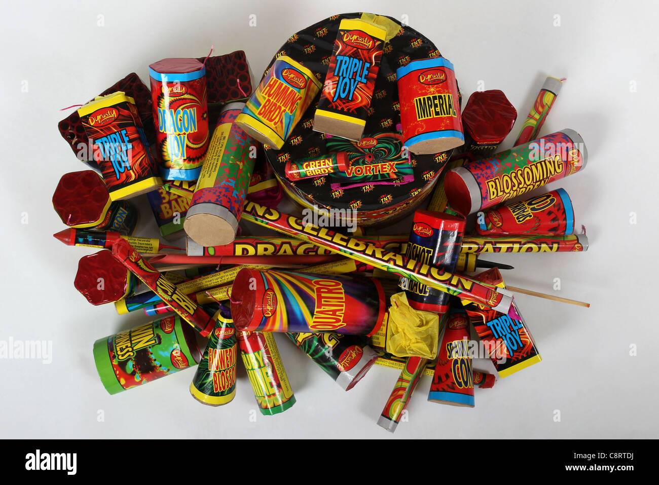 A selection of fireworks pictured in a studio in Hove, East Sussex, UK ...