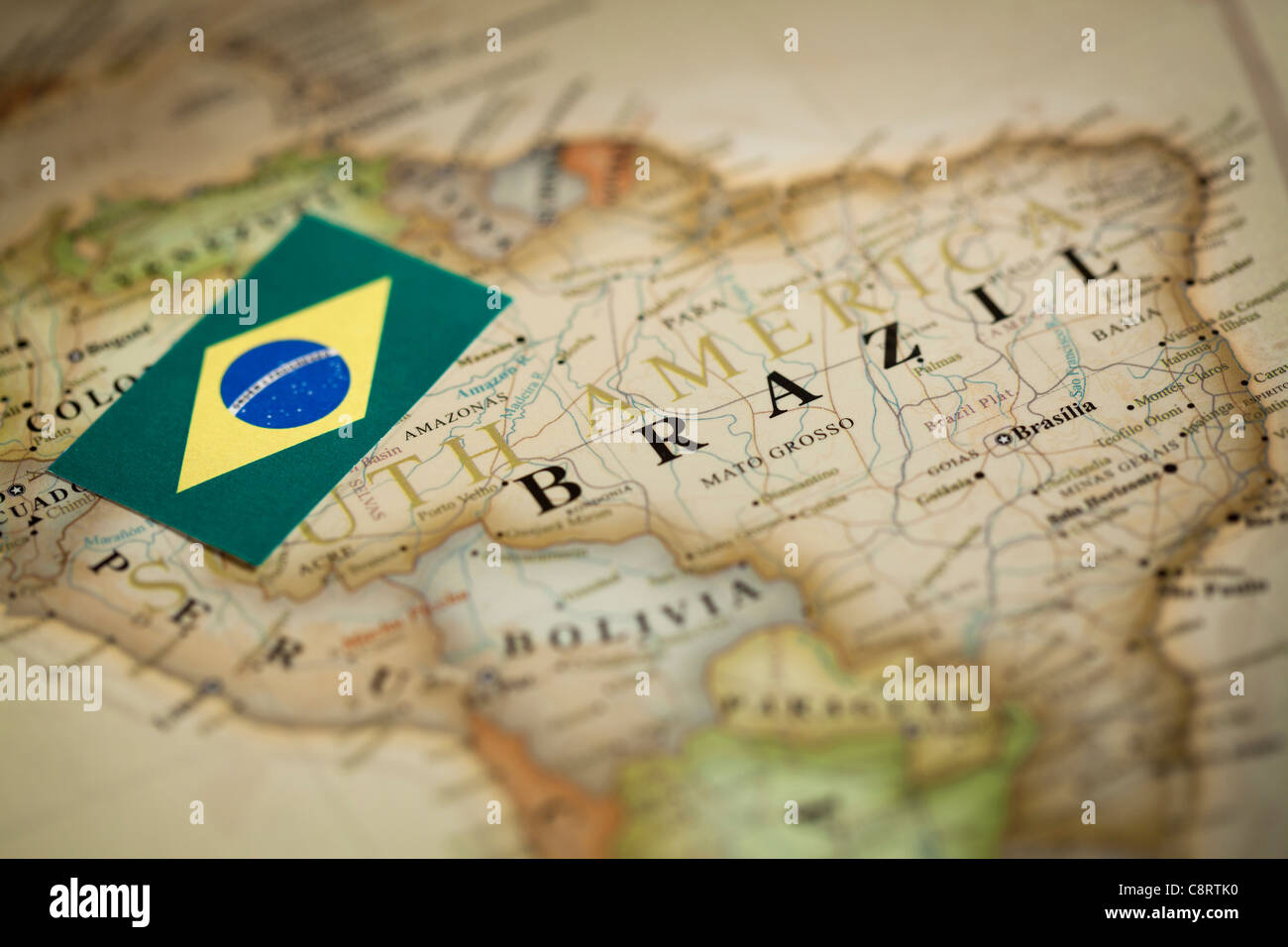 Close-up of South American continent with Brazilian flag on world map ...