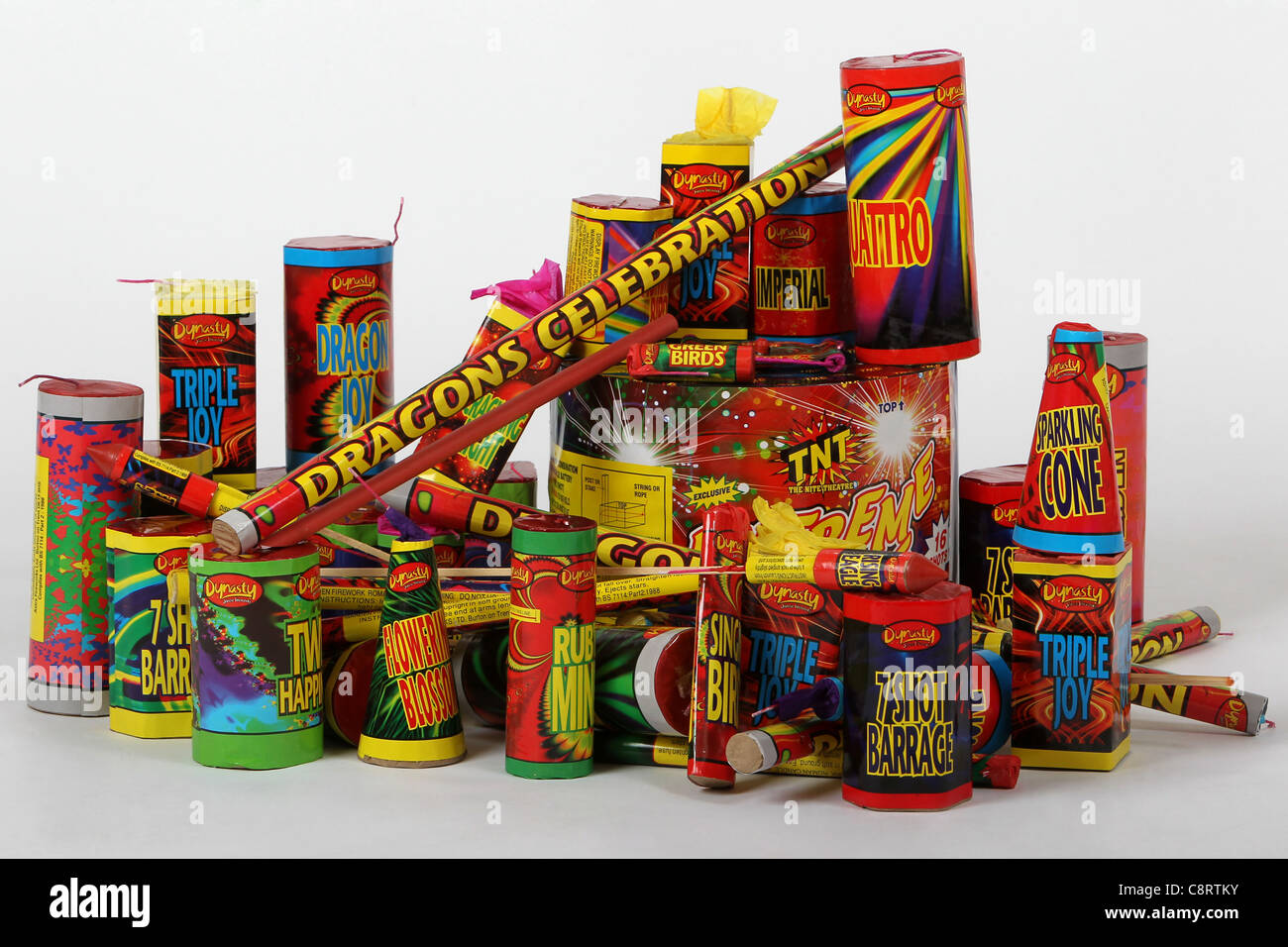 A selection of fireworks pictured in a studio in Hove, East Sussex, UK ...