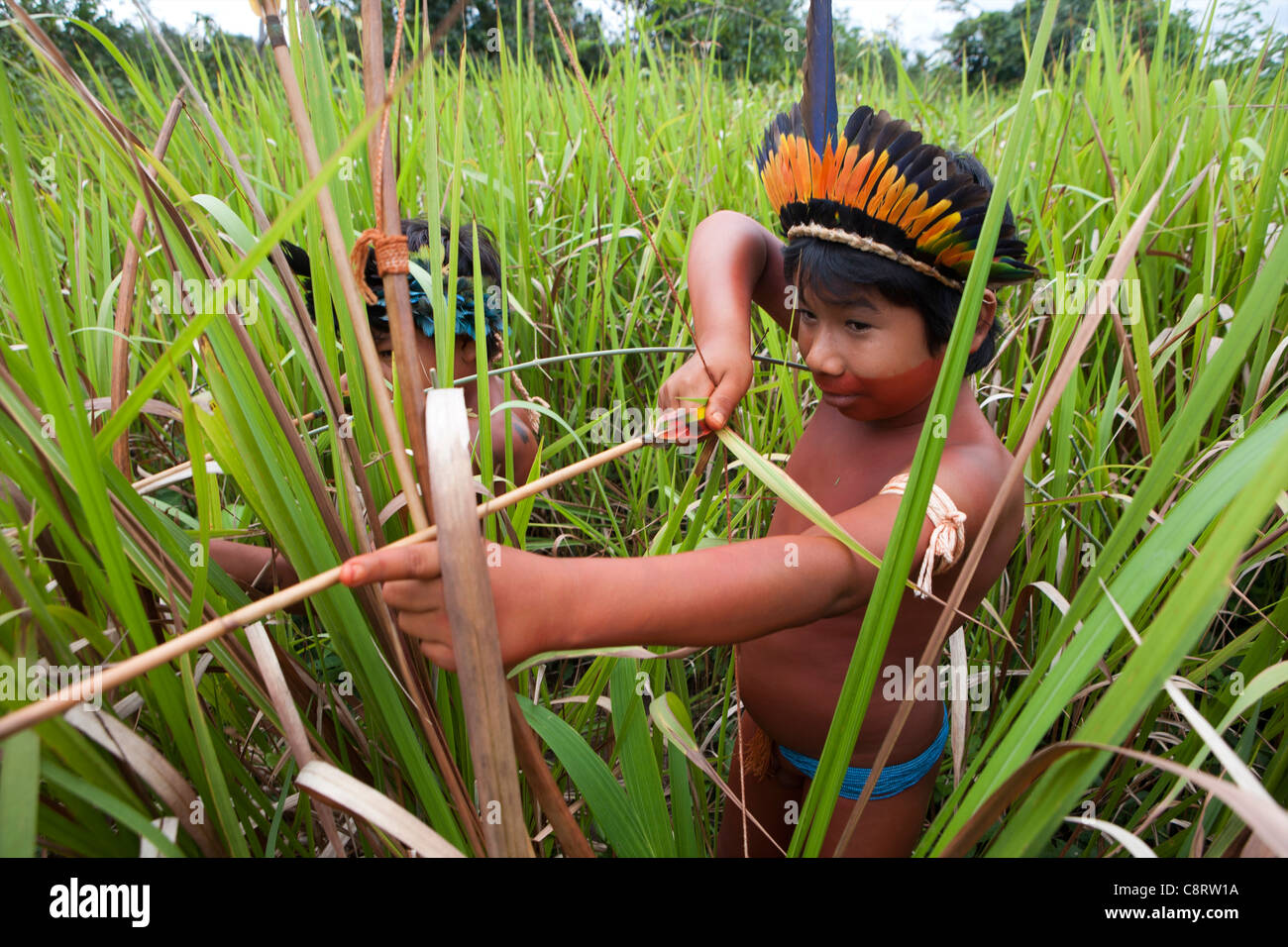 Xingu indians hunting in the Amazone, Brazil Stock Photo - Alamy