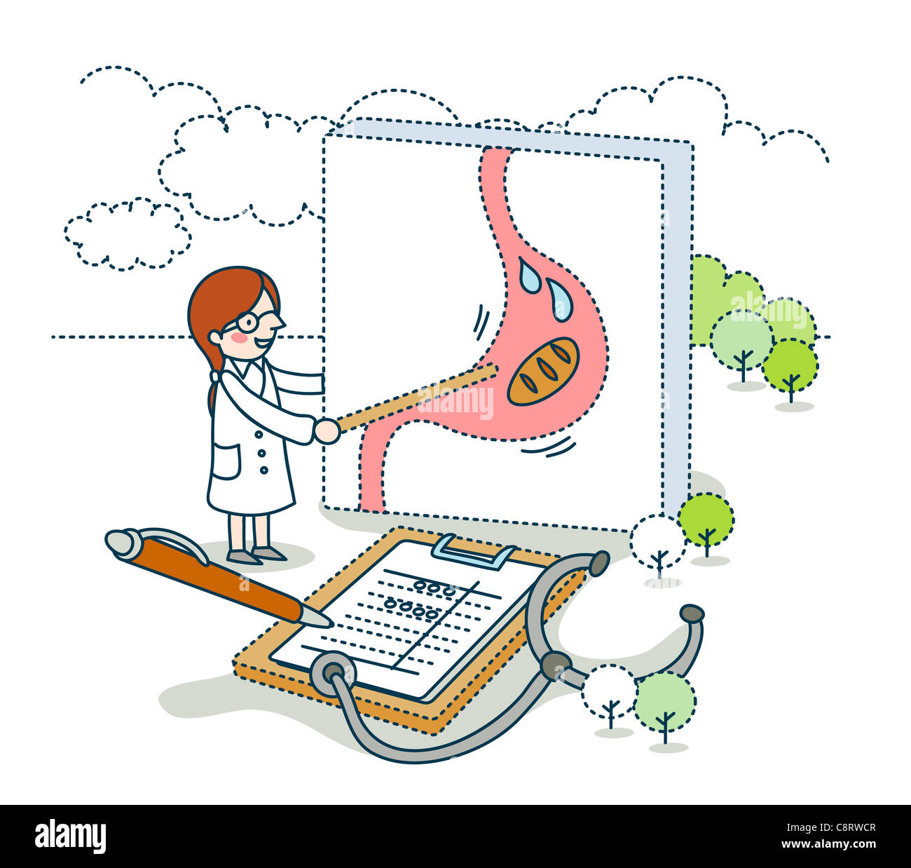 Illustration of doctor with stomach diagram Stock Photo - Alamy