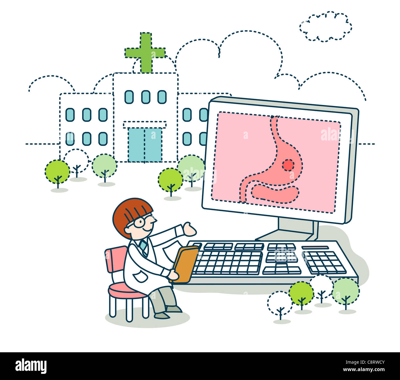 Illustration of doctor looking at computer Stock Photo - Alamy