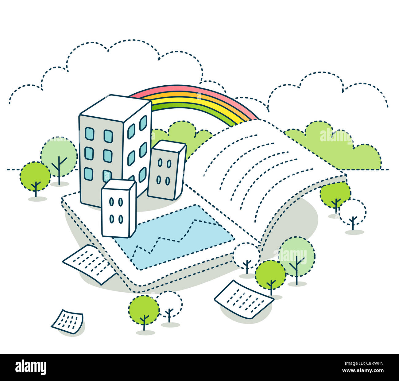 Illustration of buildings on a book Stock Photo - Alamy