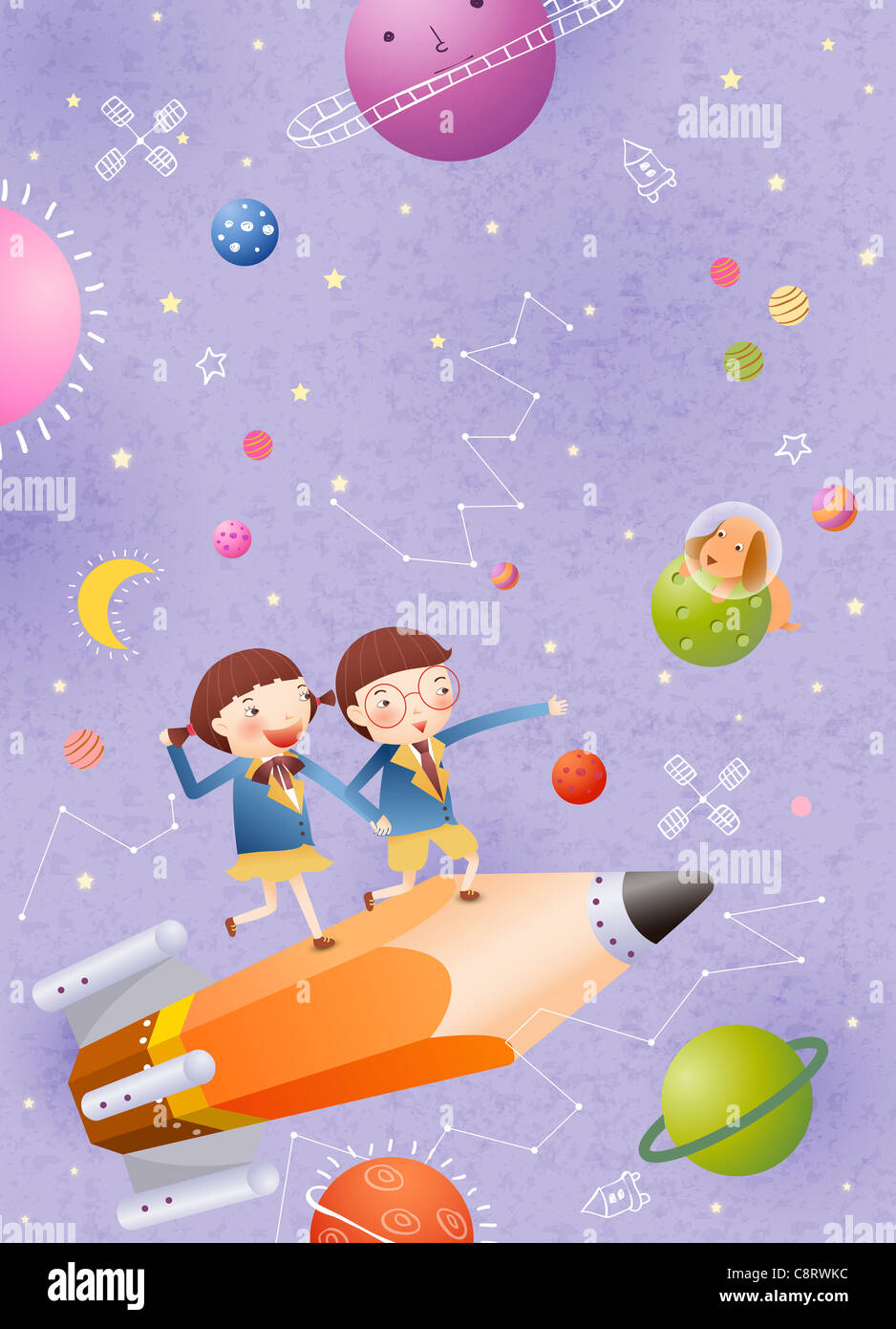 Children On Pencil Rocket Stock Photo - Alamy