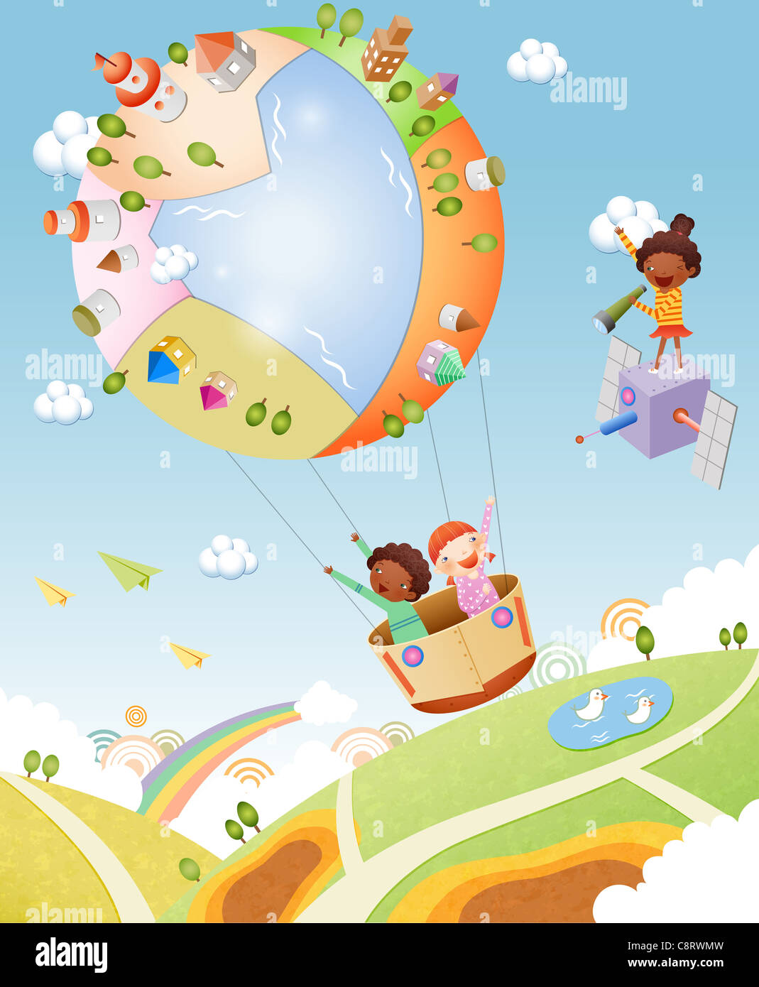 Children In Hot Air Balloon Stock Photo - Alamy