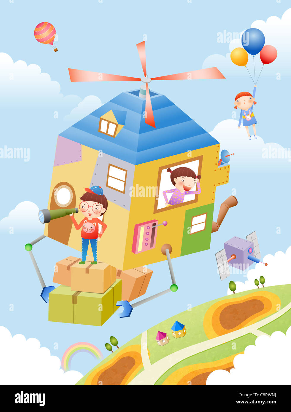 Children In Flying House Stock Photo - Alamy